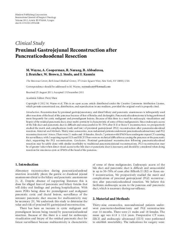 (PDF) Proximal Gastrojejunal Reconstruction after Pancreaticoduodenal ...
