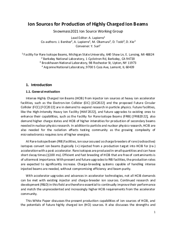 (PDF) Ion Sources for Production of Highly Charged Ion Beams
