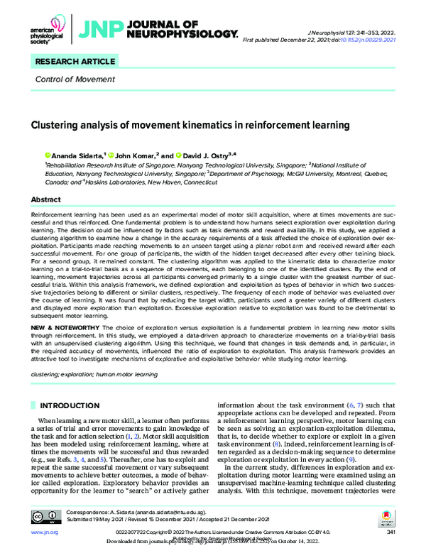 (PDF) Clustering analysis of movement kinematics in reinforcement learning