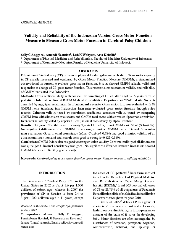 (PDF) Validity and Reliability of the Indonesian Version Gross Motor Function Measure to Measure ...