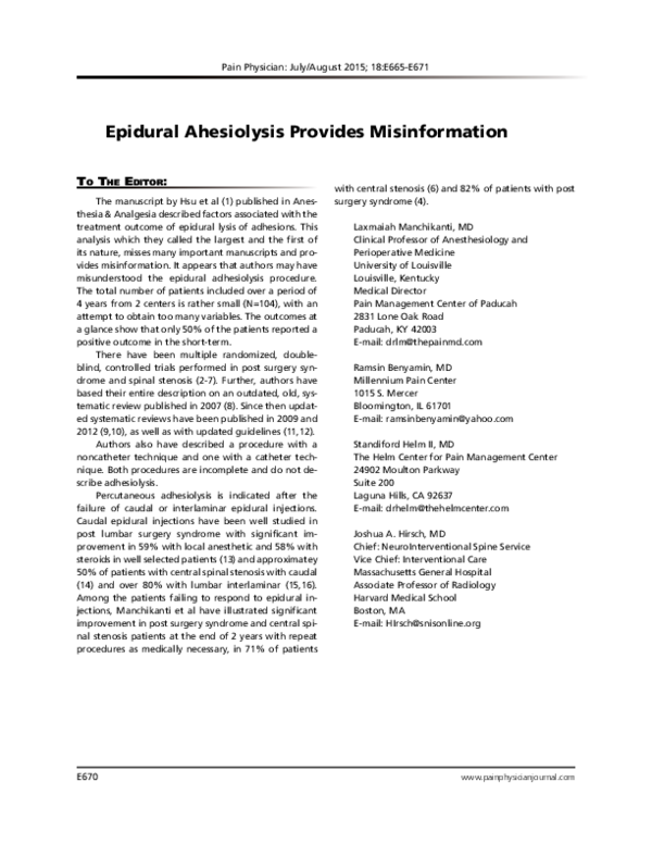 (PDF) Epidural Ahesiolysis Provides Misinformation | Ramsin Benyamin ...