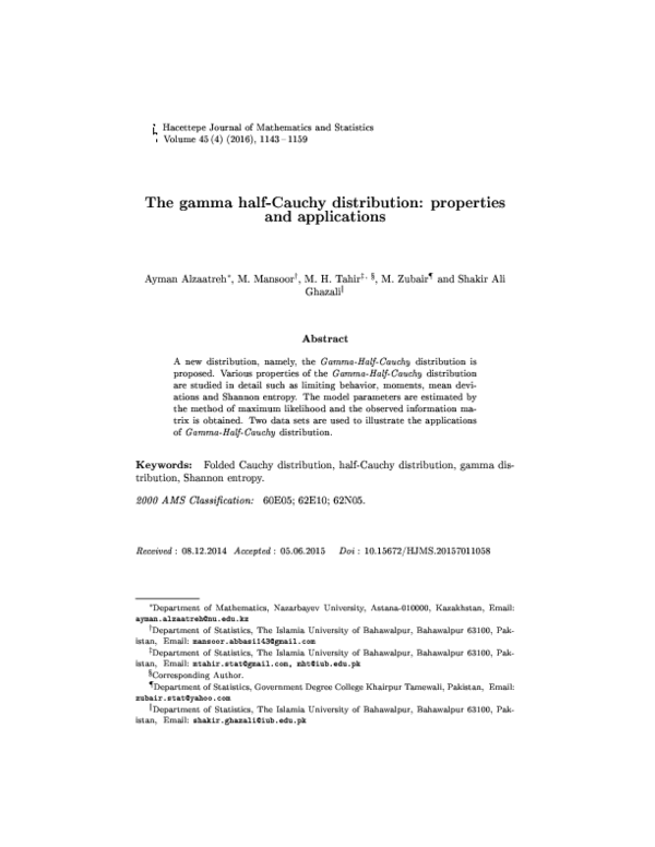 Pdf The Gamma Half Cauchy Distribution Properties And Applications