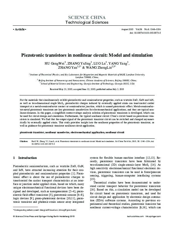 (PDF) Piezotronic transistors in nonlinear circuit: Model and simulation