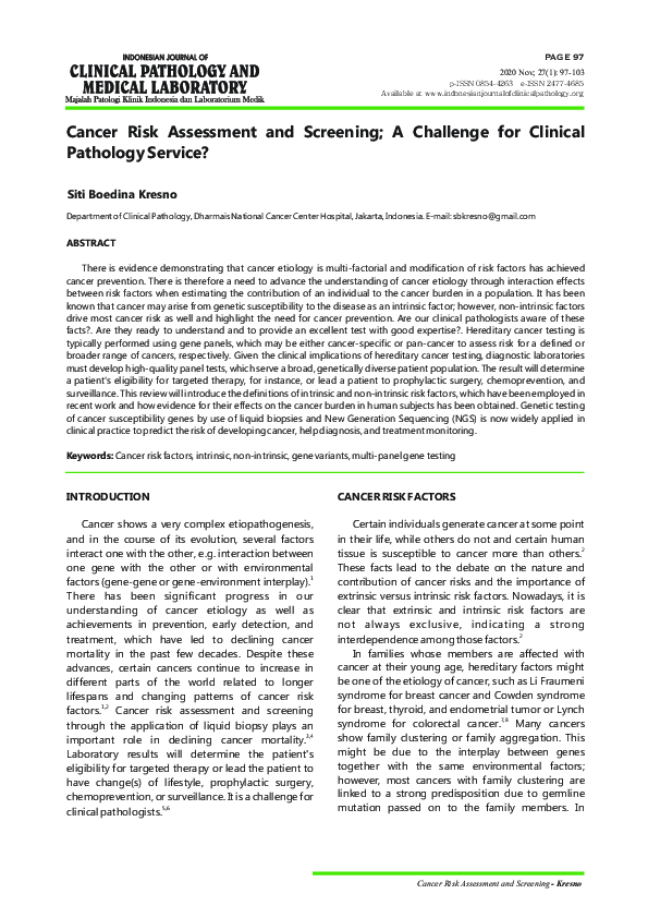 (PDF) Cancer Risk Assessment and Screening; A Challenge for Clinical ...