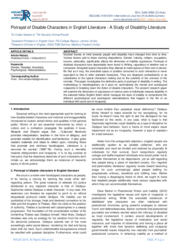 (PDF) Potrayal of Disable Characters in English Literature - A Study of ...
