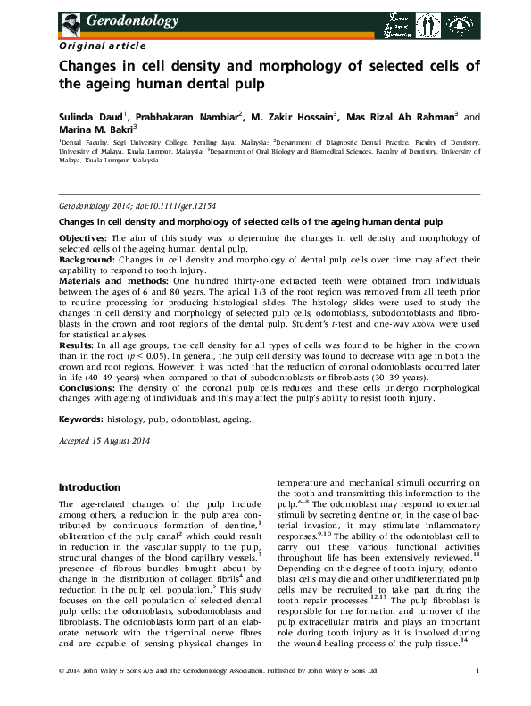 (PDF) Changes in cell density and morphology of selected cells of the ageing human dental pulp