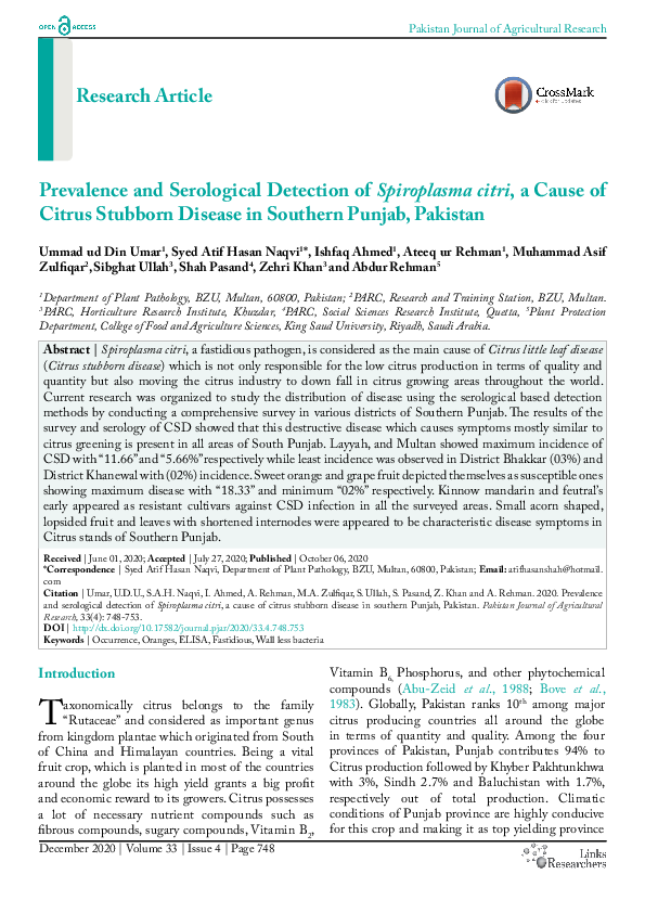 (PDF) Prevalence and Serological Detection of Spiroplasma citri, a ...
