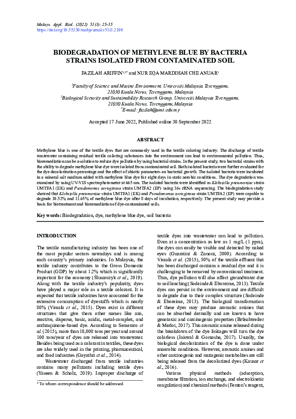 (PDF) Biodegradation of Methylene Blue by Bacteria Strains Isolated from Contaminated Soil ...
