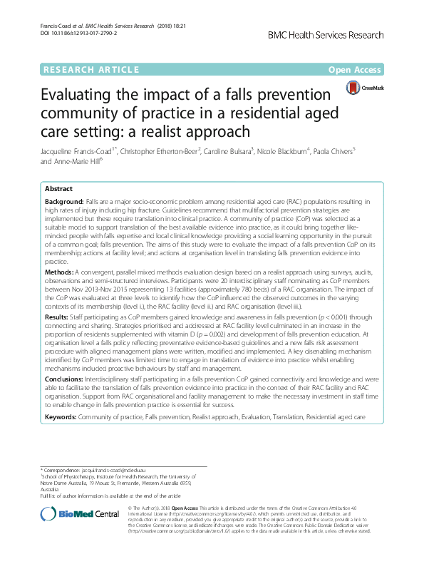 (PDF) Evaluating the impact of a falls prevention community of practice ...