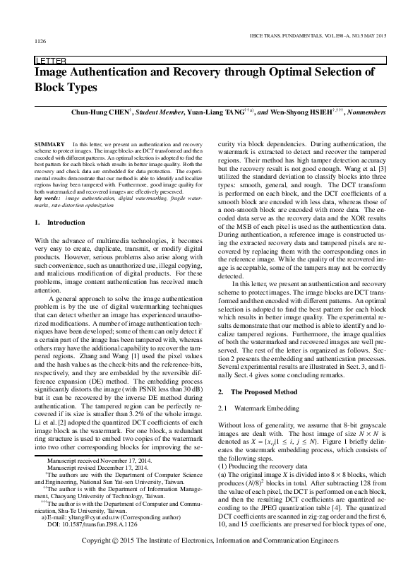 (PDF) Image Authentication and Recovery through Optimal Selection of Block Types