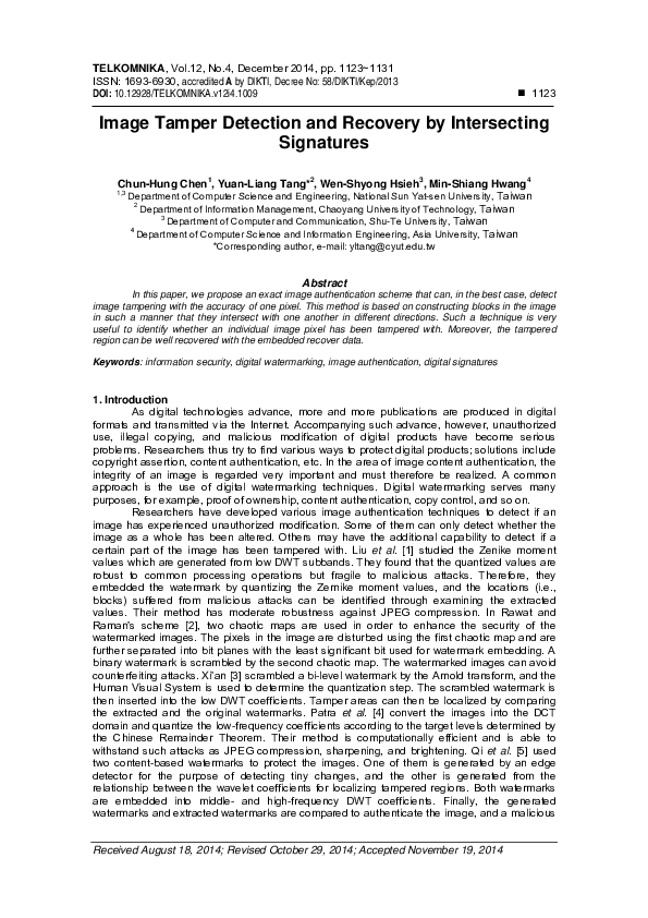 (PDF) Image Tamper Detection and Recovery by Intersecting Signatures