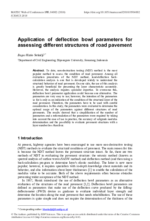 (PDF) Application of deflection bowl parameters for assessing different structures of road pavement