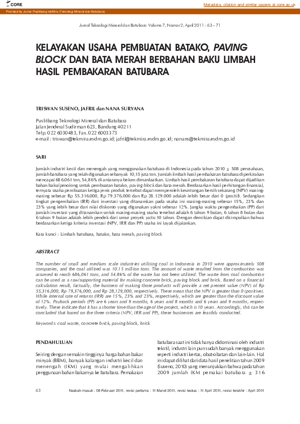 (PDF) Kelayakan Usaha Pembuatan Batako, Paving Block Dan Bata Merah Berbahan Baku Limbah Hasil ...