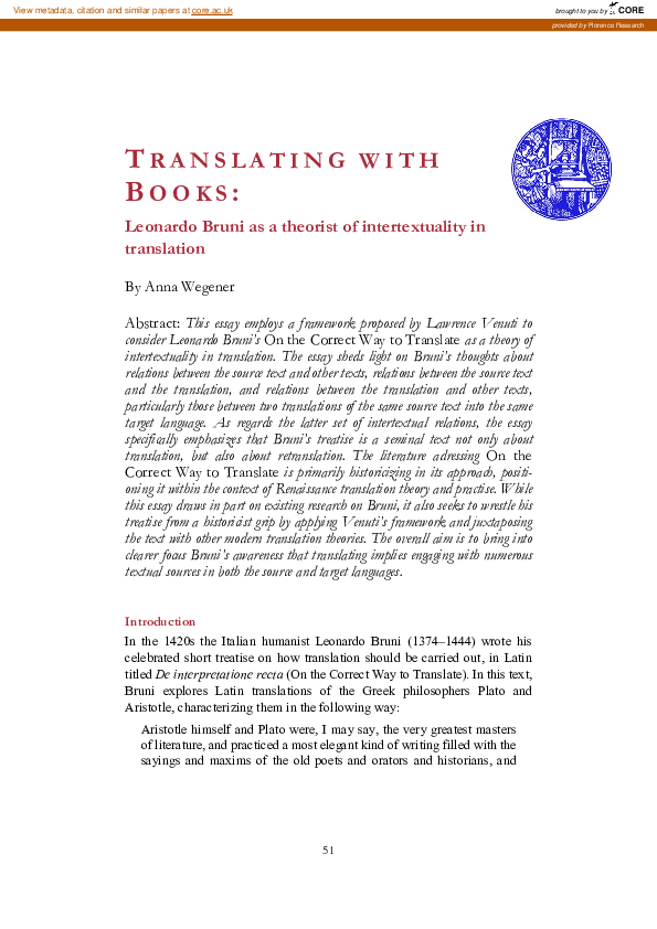 (PDF) Translating with books: Leonardo Bruni as a theorist of ...