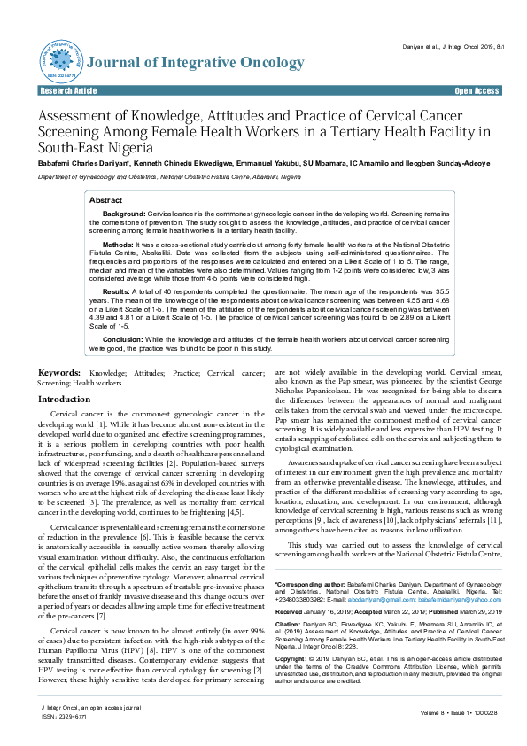 (PDF) Assessment of Knowledge, Attitudes and Practice of Cervical Cancer Screening Among Female ...