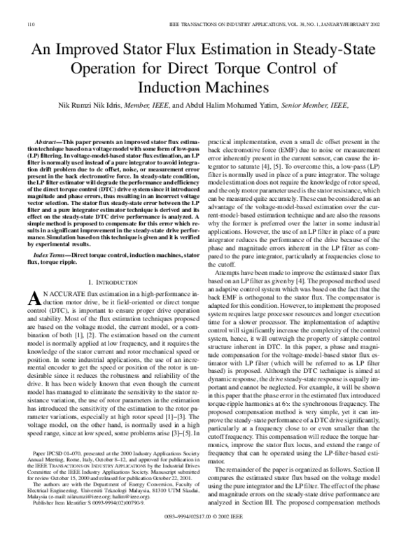 Pdf An Improved Stator Flux Estimation In Steady State Operation For Direct Torque Control Of