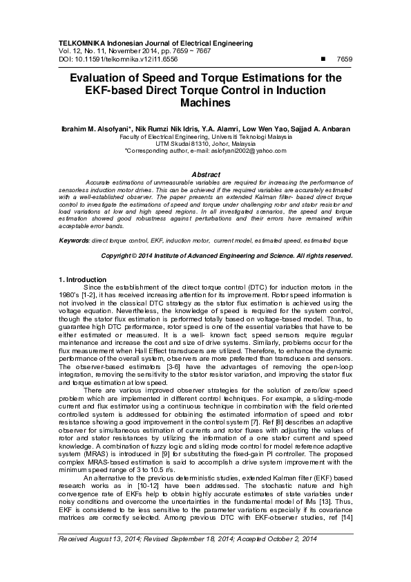 Pdf Evaluation Of Speed And Torque Estimations For The Ekf Based Direct Torque Control In
