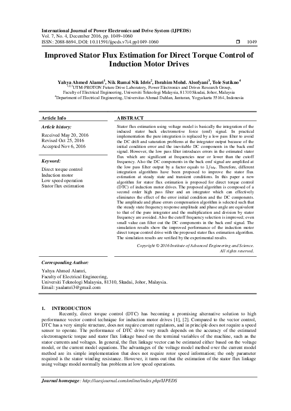 Pdf Improved Stator Flux Estimation For Direct Torque Control Of Induction Motor Drives