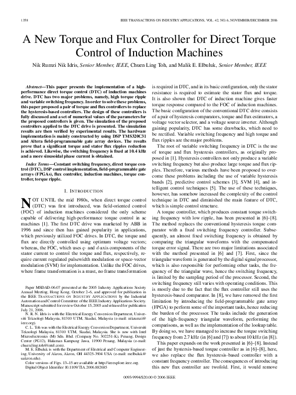 Pdf A New Torque And Flux Controller For Direct Torque Control Of