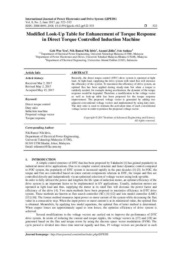 Pdf Modified Look Up Table For Enhancement Of Torque Response In