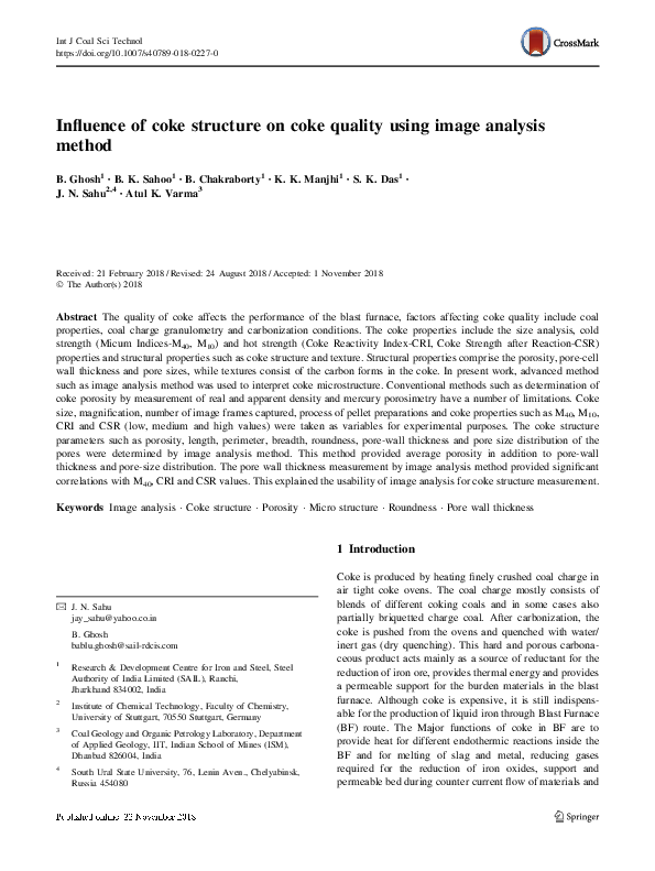 (PDF) Influence of coke structure on coke quality using image analysis method