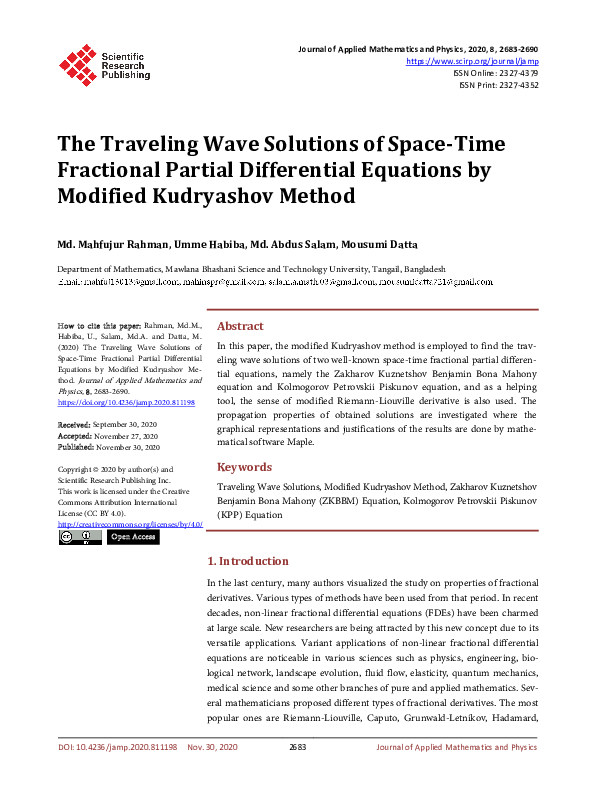 Pdf The Traveling Wave Solutions Of Space Time Fractional Partial Differential Equations By