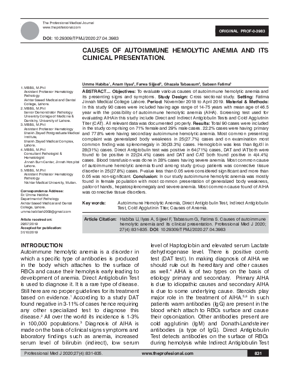 (PDF) Causes of autoimmune hemolytic anemia and its clinical presentation