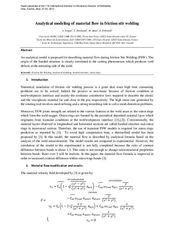 Pdf Analytical Modeling Of Material Flow In Friction Stir Welding