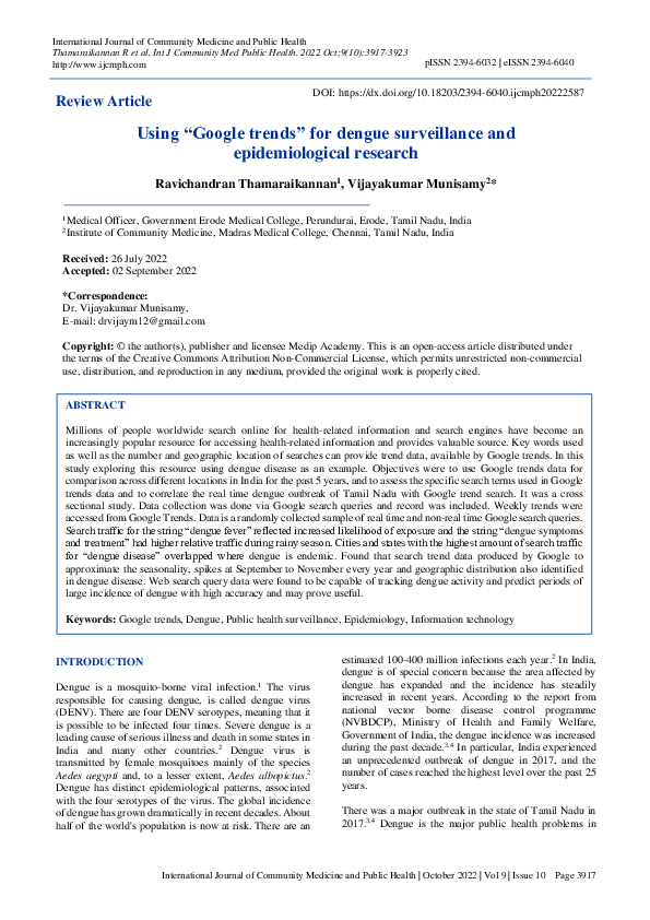 (PDF) Using “Google trends” for dengue surveillance and epidemiological research