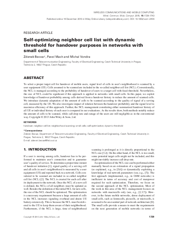 (PDF) Self-optimizing neighbor cell list with dynamic threshold for handover purposes in ...