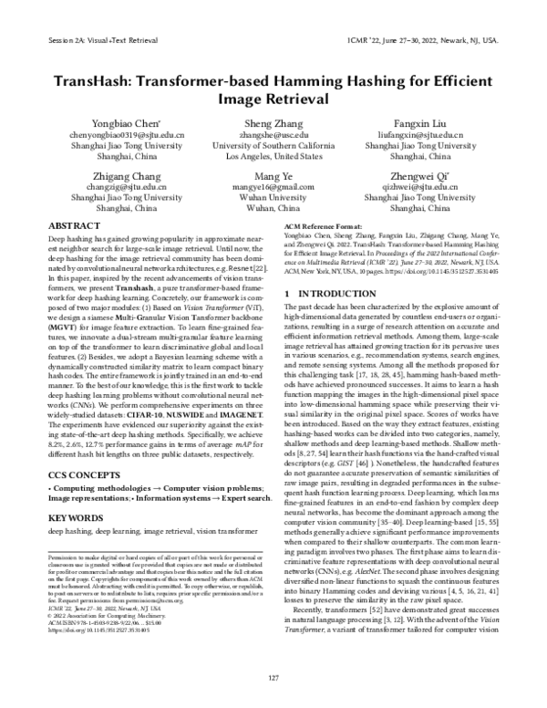 Pdf Transhash Transformer Based Hamming Hashing For Efficient Image Retrieval