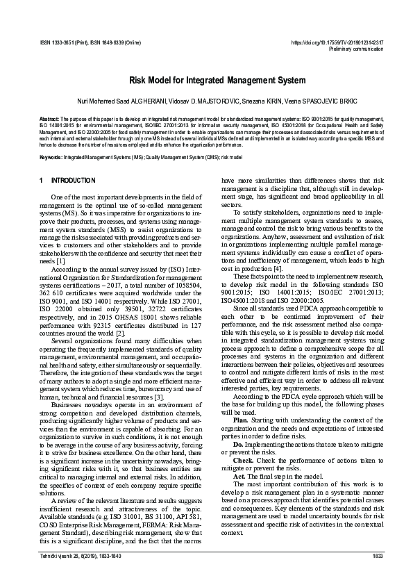 (PDF) Risk Model for Integrated Management System