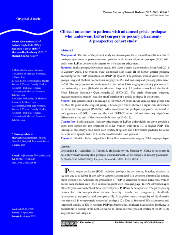 (PDF) Clinical Outcomes in Patients with Advanced Pelvic Prolapse who ...