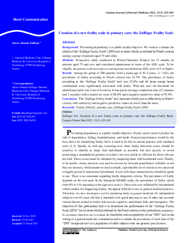 (PDF) Creation of a new frailty scale in primary care: the Zulfiqar ...