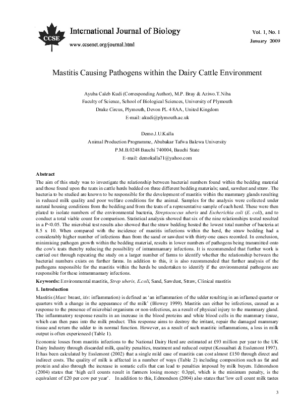 (PDF) Mastitis Causing Pathogens within the Dairy Cattle Environment