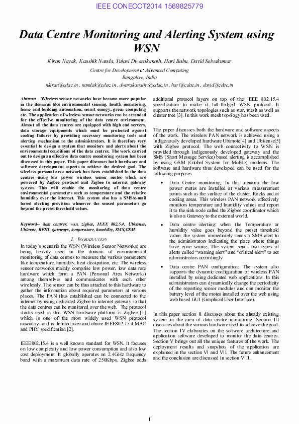 (PDF) Data centre monitoring and alerting system using WSN
