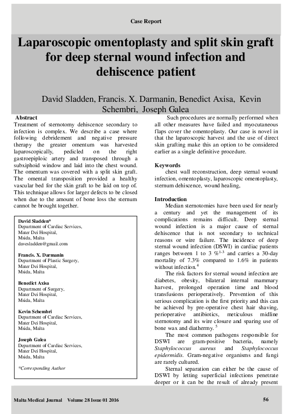 (PDF) Laparoscopic omentoplasty and split skin graft for deep sternal ...
