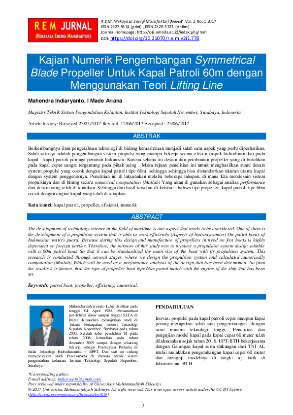 (PDF) Kajian Numerik Pengembangan Symmetrical Blade Propeller Untuk Kapal Patroli 60m dengan ...
