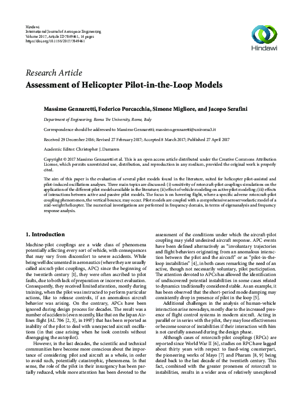 (PDF) Assessment of Helicopter Pilot-in-the-Loop Models