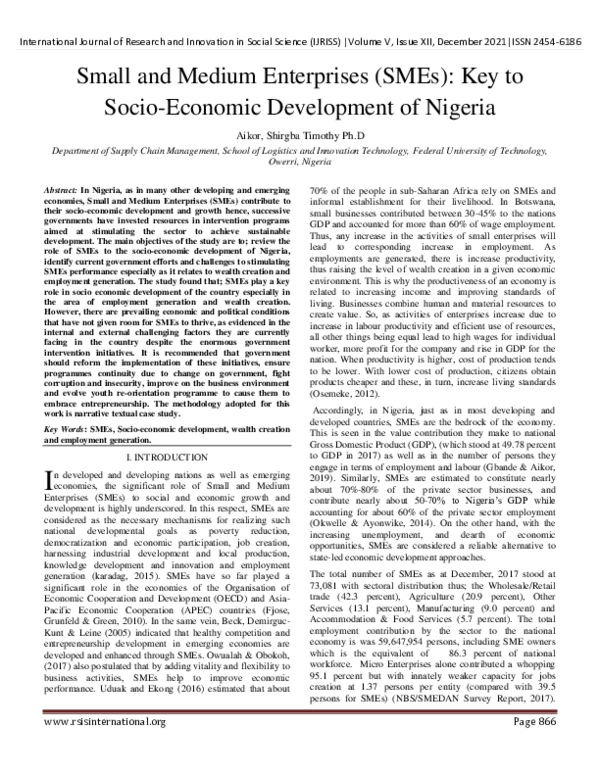 (PDF) Small and Medium Enterprises (SMEs): Key to Socio-Economic Development of Nigeria