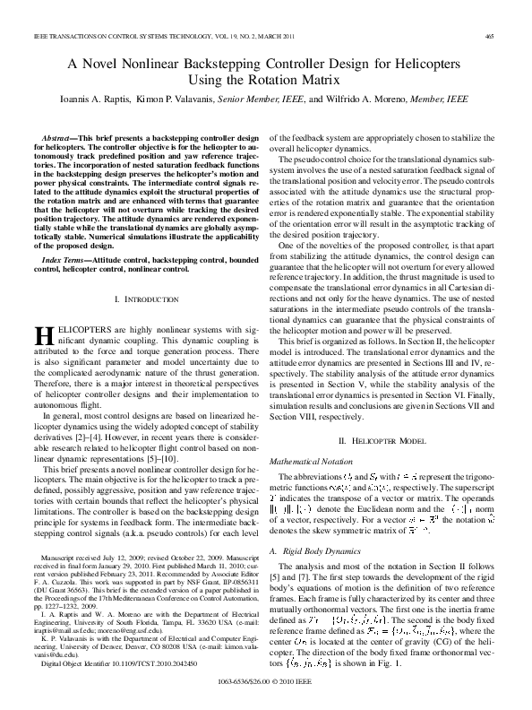 (PDF) A Novel Nonlinear Backstepping Controller Design for Helicopters Using the Rotation Matrix