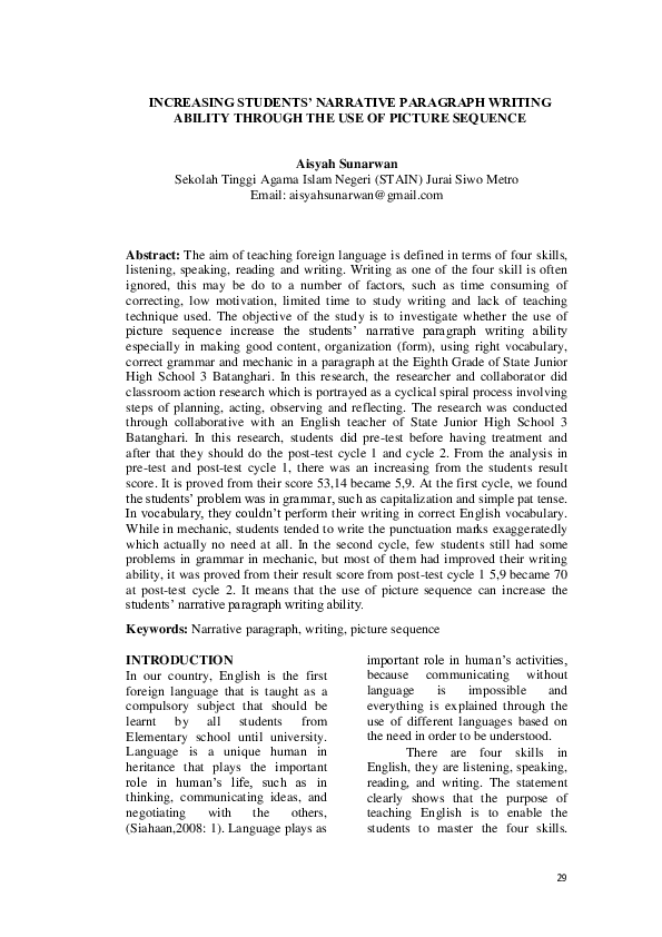 (PDF) Increasing Students’ Narrative Paragraph Writing Ability Through the Use of Picture Sequence