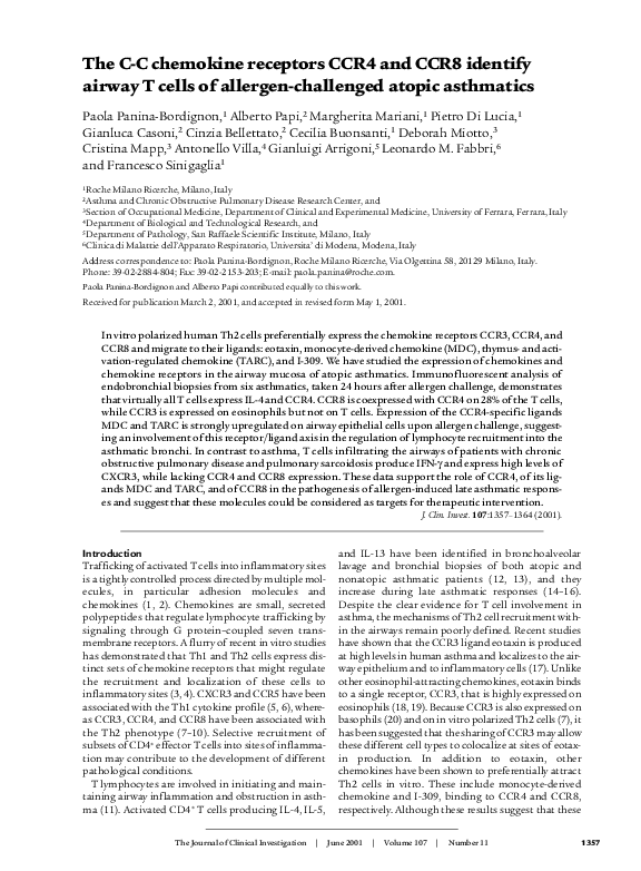 (PDF) The C-C chemokine receptors CCR4 and CCR8 identify airway T cells ...
