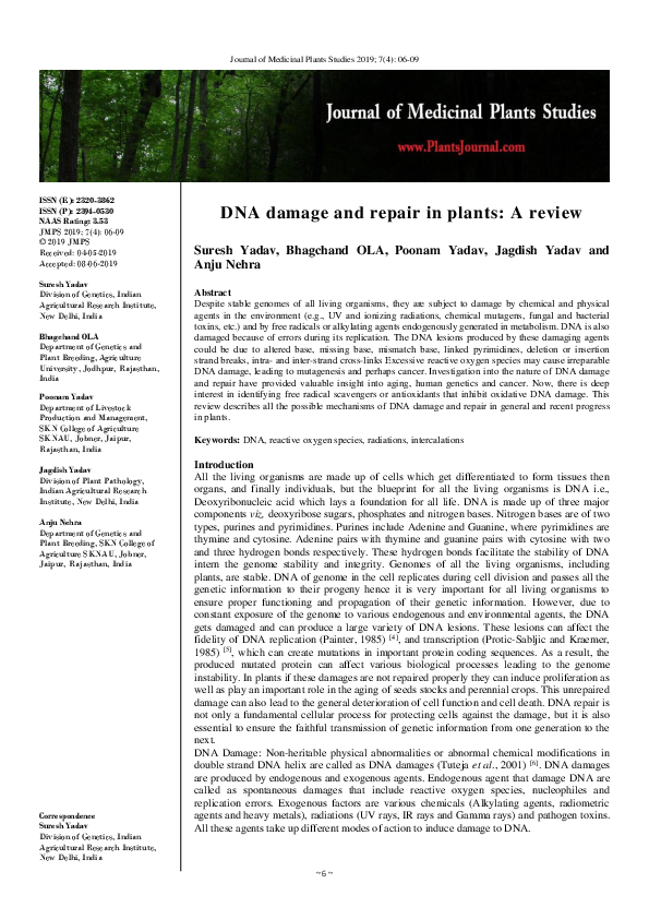 (PDF) DNA damage and repair in plants: A review