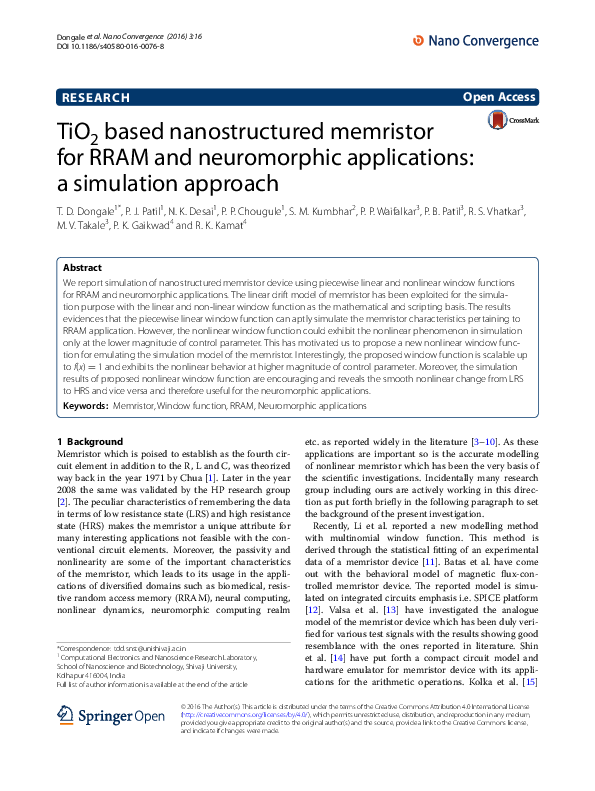 (PDF) TiO2 based nanostructured memristor for RRAM and neuromorphic applications: a simulation ...