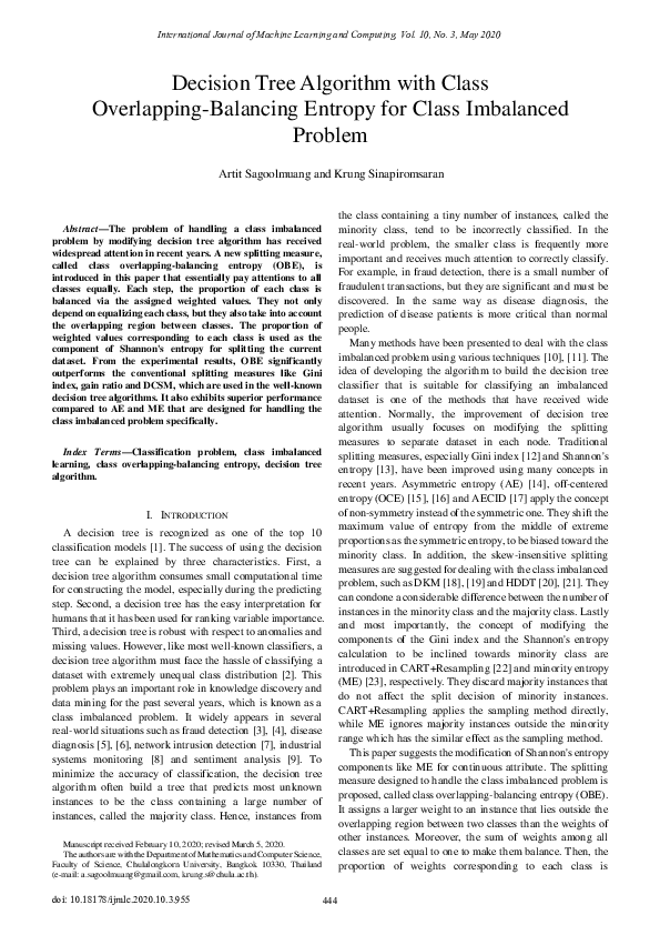 Pdf Decision Tree Algorithm With Class Overlapping Balancing Entropy For Class Imbalanced