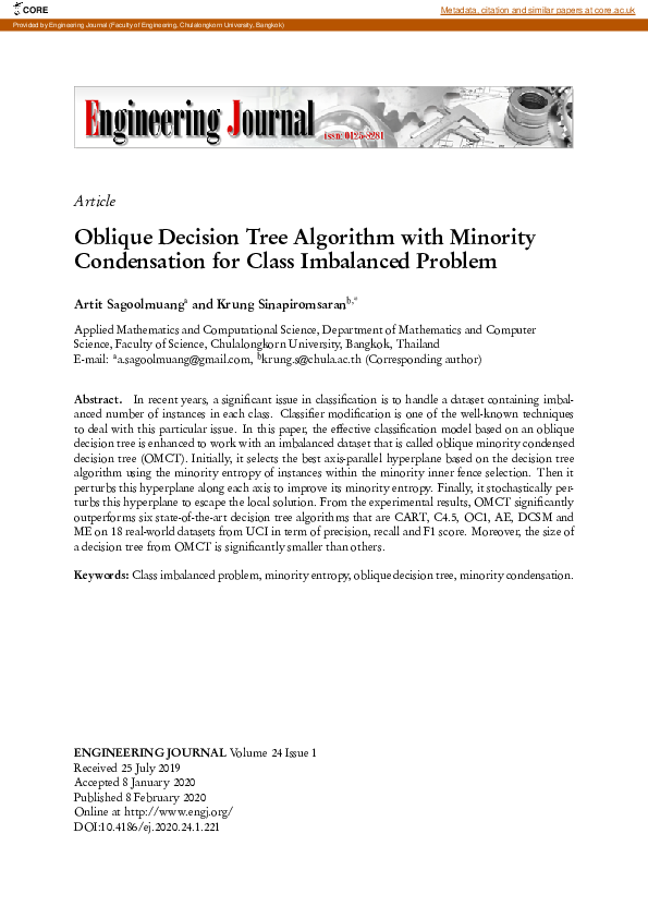 Pdf Oblique Decision Tree Algorithm With Minority Condensation For Class Imbalanced Problem
