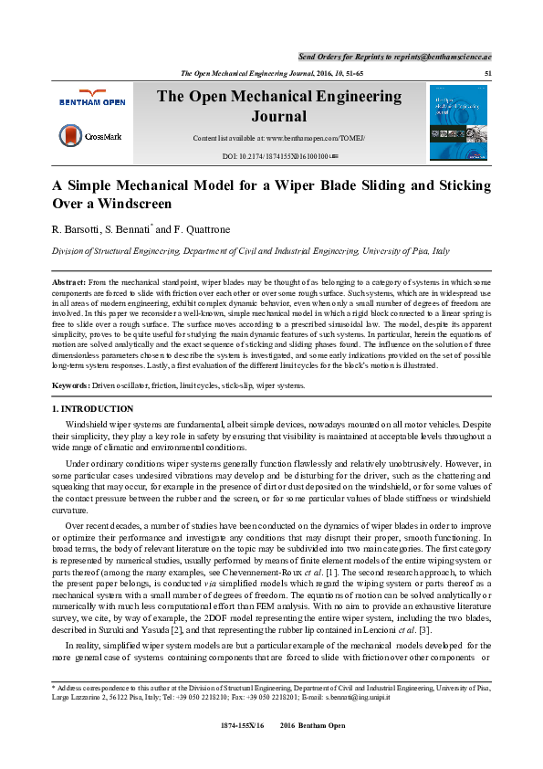 (PDF) A Simple Mechanical Model for a Wiper Blade Sliding and Sticking ...