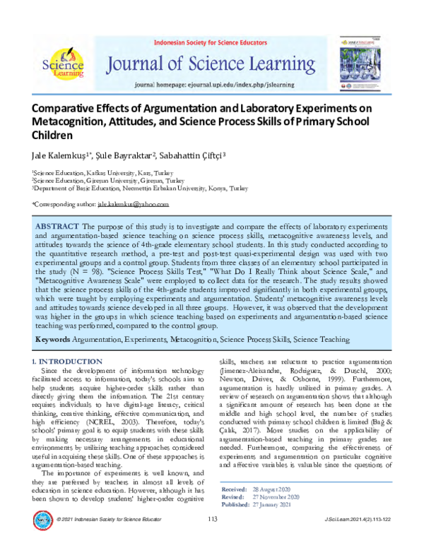 (PDF) Comparative Effects of Argumentation and Laboratory Experiments on Metacognition ...