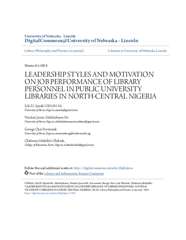 (PDF) Leadership Styles and Motivation on Job Performance of Library ...